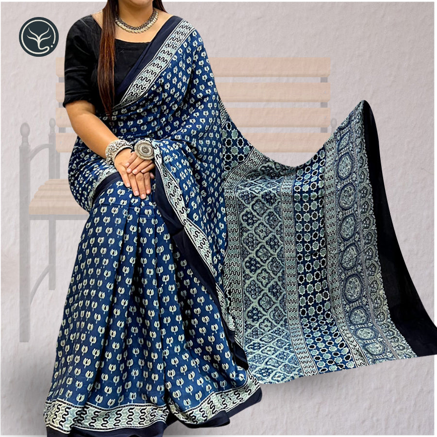 AJRAKH HAND BLOCK PRINTED SAREES & ACCESSORIES – Exotyq