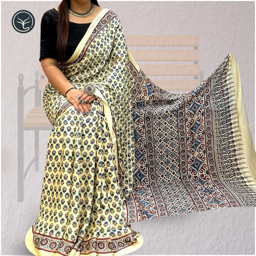 DESIGNER AJRAKH IN MODAL SILK (MD-AJ-ALF-29) - BLOCK PRINTED – Exotyq